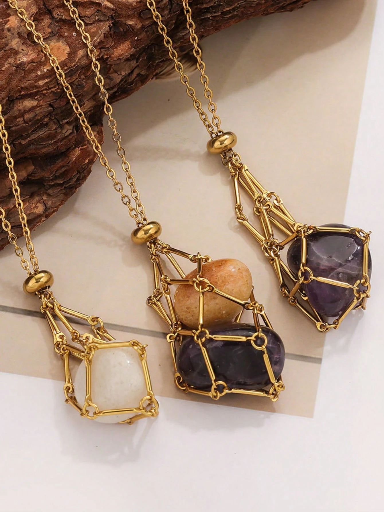 1pc Stainless Steel Mesh Pendant Necklace, DIY Woven Bamboo Net Cage ...