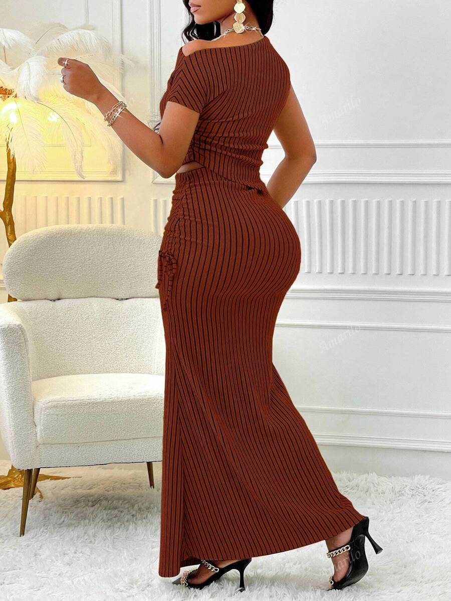 Elegant Striped One-Shoulder Ruched Asymmetric Top And Fish Tail Skirt ...