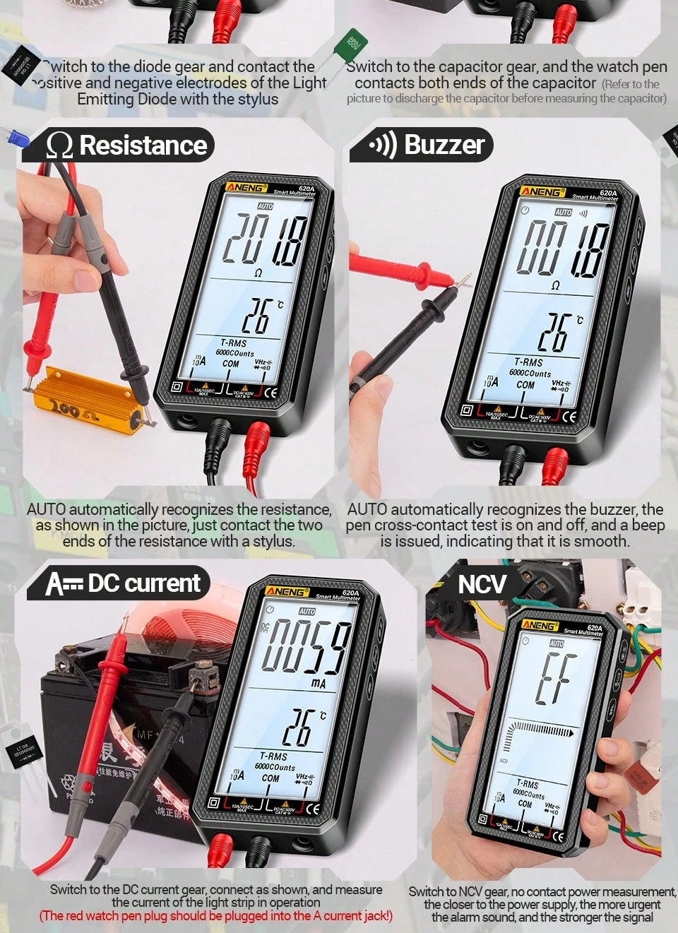ANENG ANENG 620A Multímetro universal de 6000 recuentos con múltiples ...
