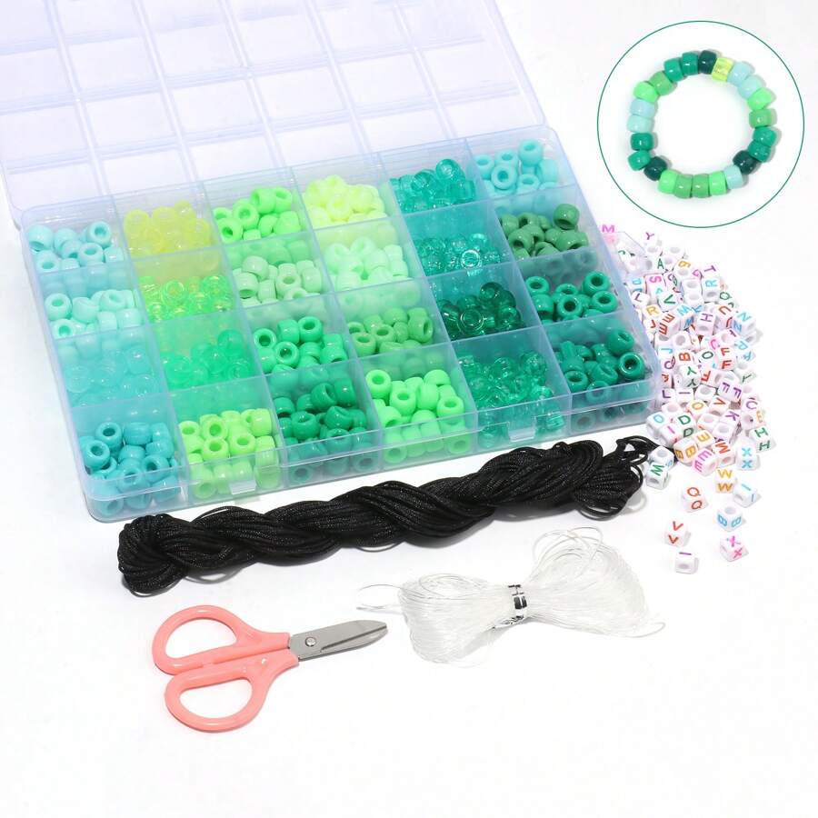24 Grid 480pcs/Box Green Series Small Pony Acrylic Beads Box Set DIY ...