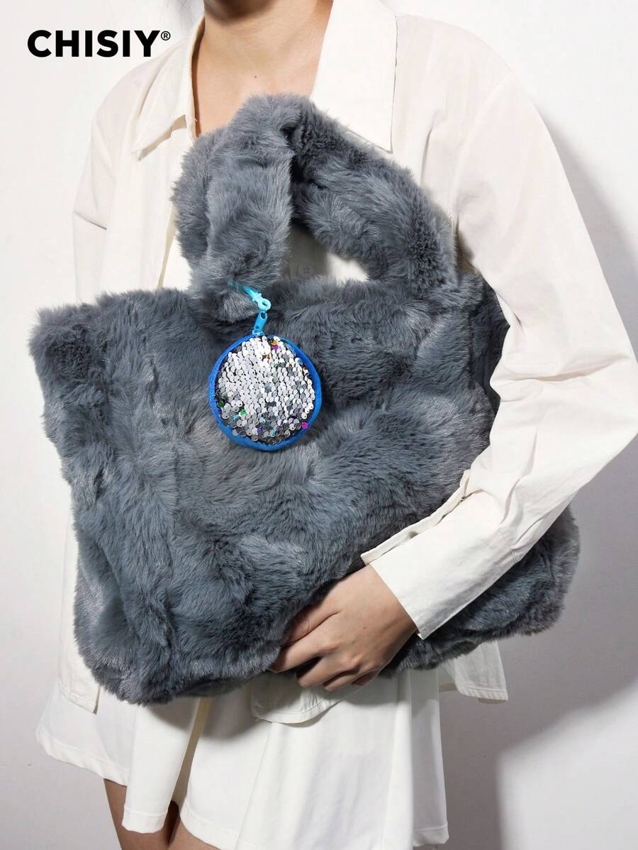 CHISIY 2 PCS Pink Fluffy Tote Bag Ultra Soft Faux Fur Handbag Perfect ...