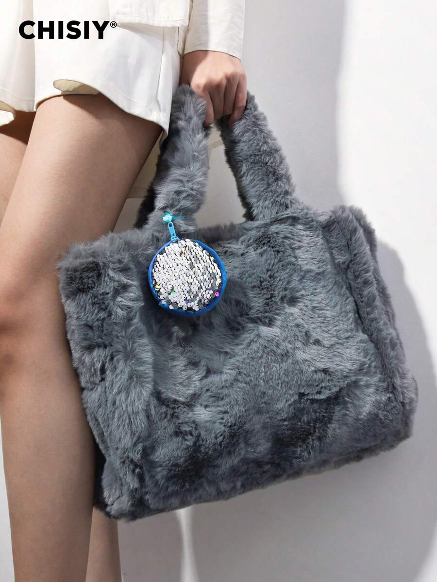 CHISIY 2 PCS Pink Fluffy Tote Bag Ultra Soft Faux Fur Handbag Perfect ...