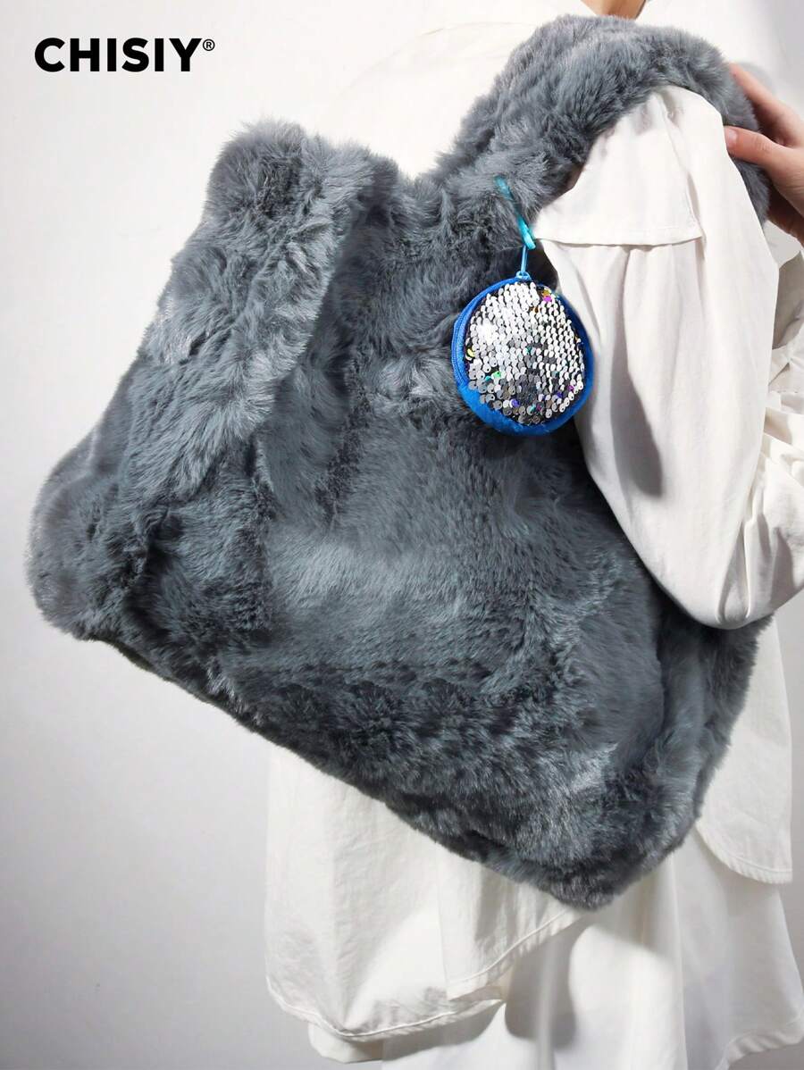 CHISIY 2 PCS Pink Fluffy Tote Bag Ultra Soft Faux Fur Handbag Perfect ...