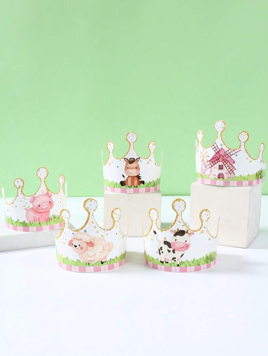 6pcs Farm Animal Style Party Hats, Paper Crown Shaped Party Hats, Farm ...