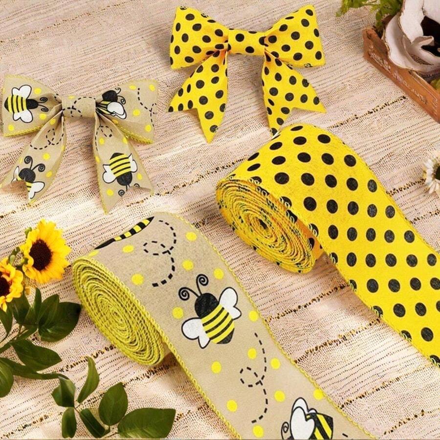 1 Roll/2 Rolls Spring Bee Craft Ribbons For Wreath Bows, 2.5inch Wired ...