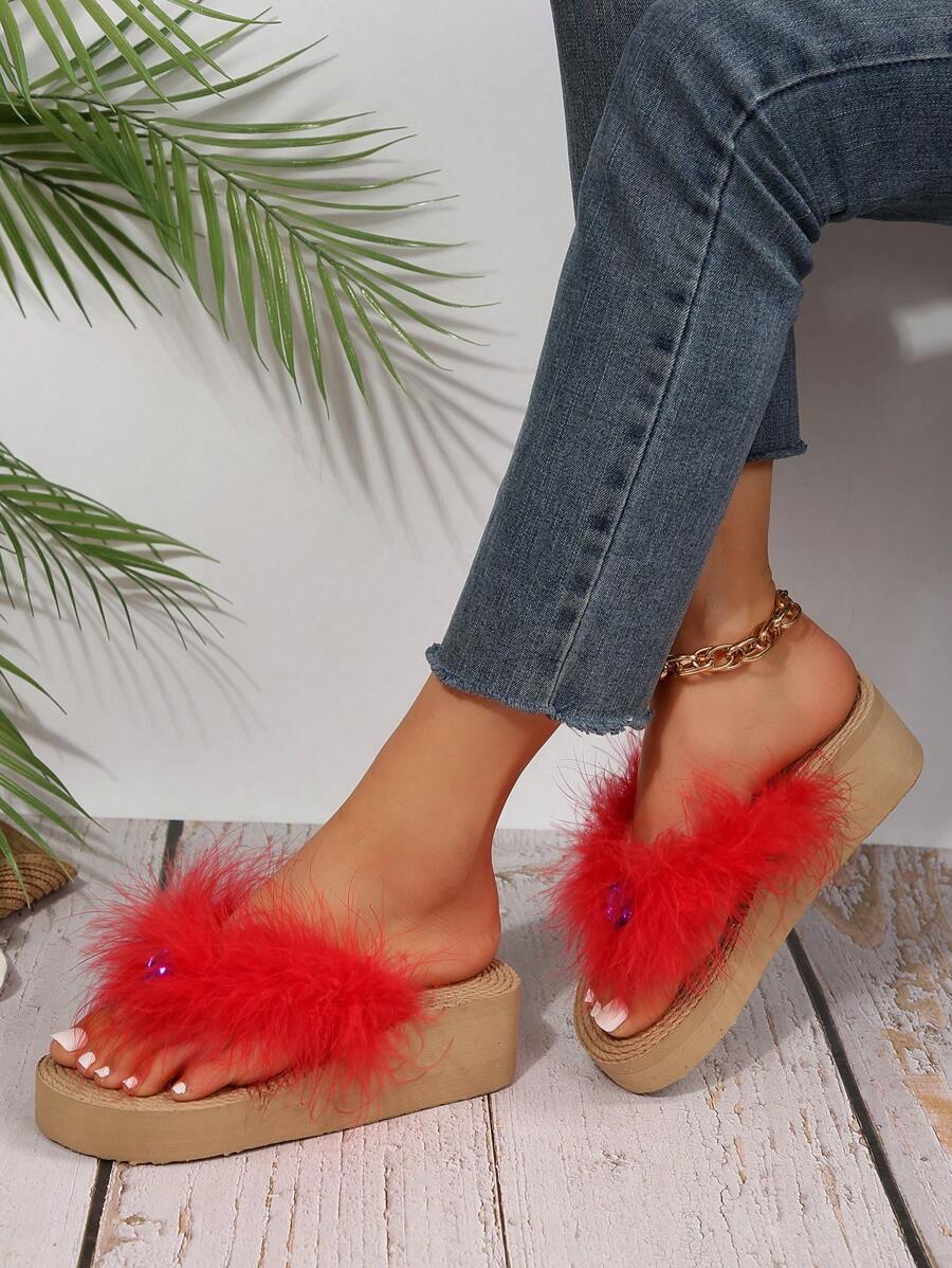 Fluffy Fashionable Thick Sole Slip-On Slippers For Women, Suitable To ...