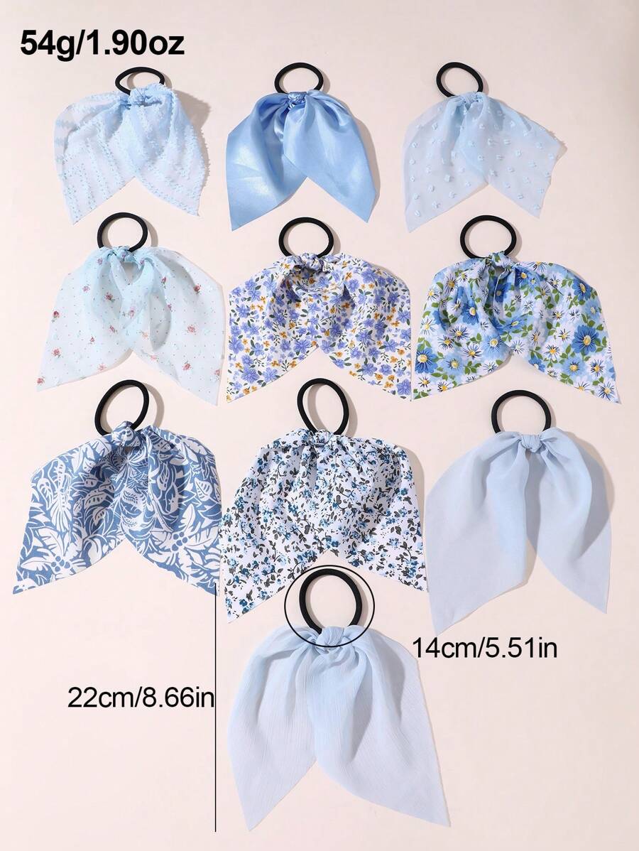 10pcs Women's Blue Floral Fabric Hair Scrunchies With Ribbons, Suitable ...