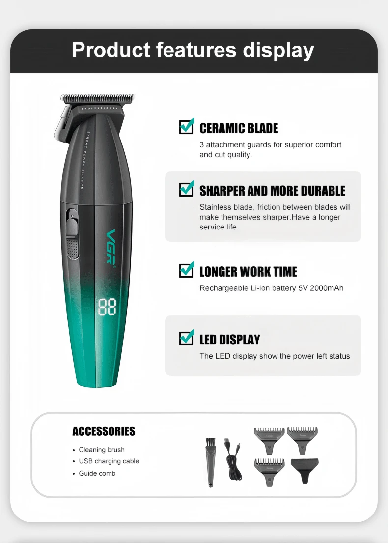 VGR Cortadora de pelo profesional VGR con 9000 RPM, inalámbrica, con pantalla digital, ajustable ...