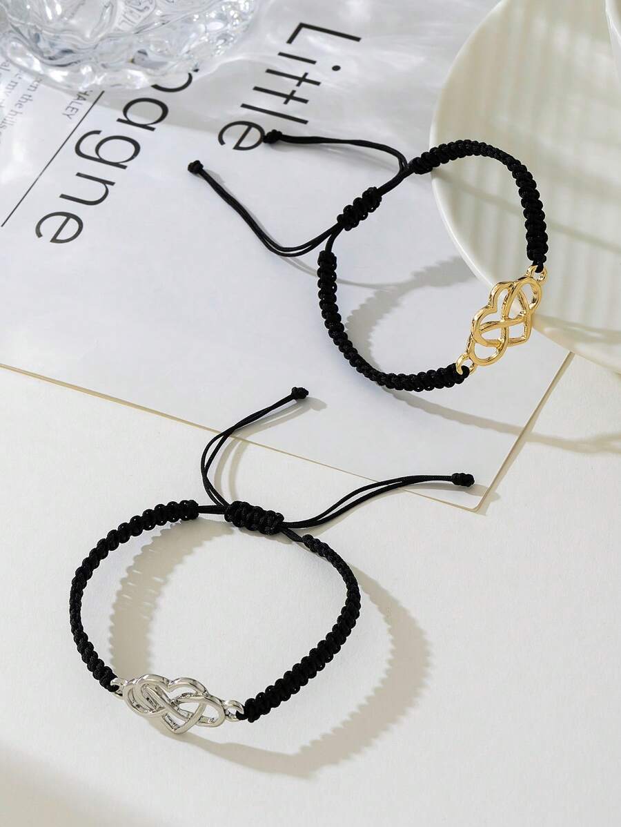2pcs/Set Couple Black Rope Heart Shaped Adjustable Pull Cord Bracelets ...
