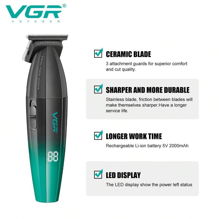 VGR Tondeuse à cheveux électrique VGR professionnelle 9 000 tr/min sans fil avec affichage ...