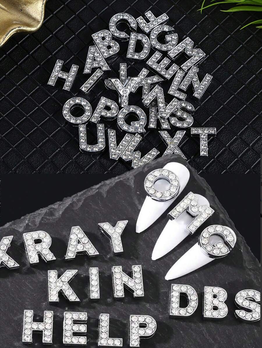 26pcs, 3D 26 English Letter Nail Art Charms With Rhinestones, Alloy ...