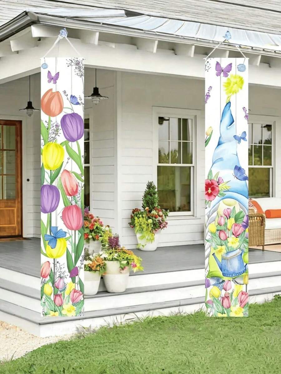 2pcs Spring And Summer Tulip Porch Banner - Polyester Welcome Door ...