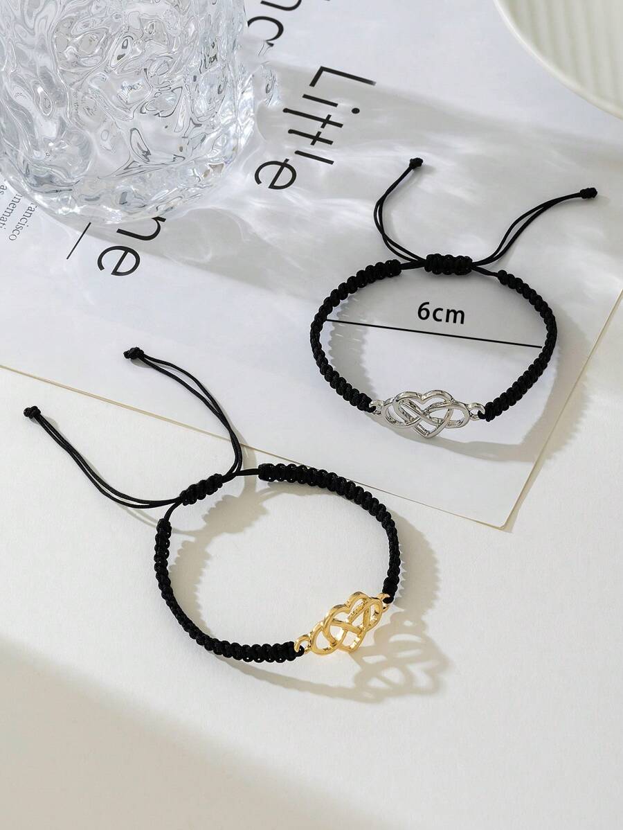 2pcs/Set Couple Black Rope Heart Shaped Adjustable Pull Cord Bracelets ...
