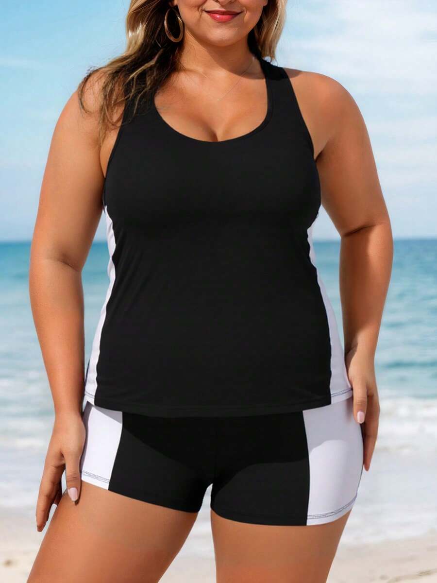 Women 2025 Plus Size Summer Beach Black And White Color Blocked Sports ...