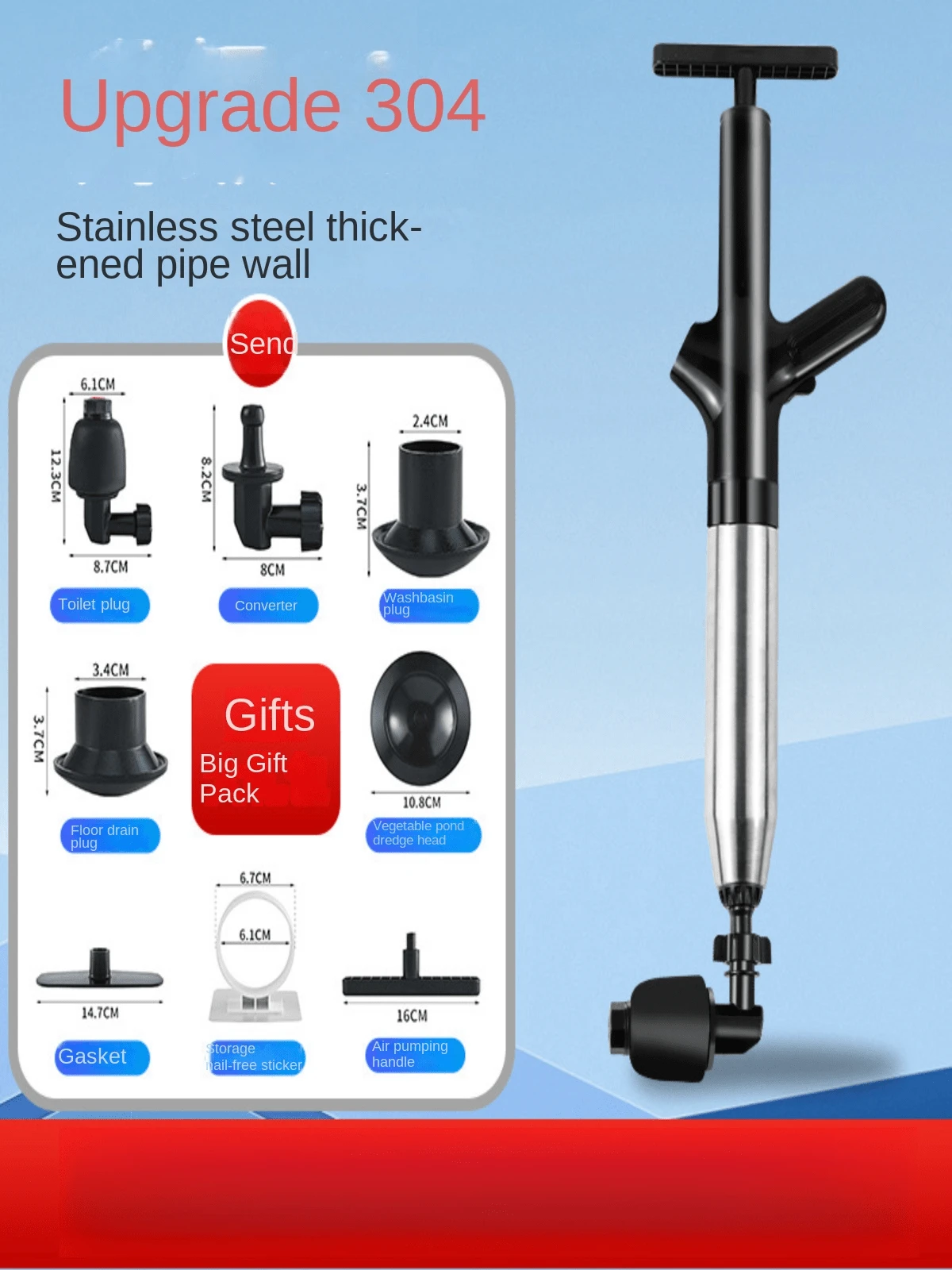 Upgraded Unclogging Tool, High Pressure Stainless Steel Toilet Plunger ...
