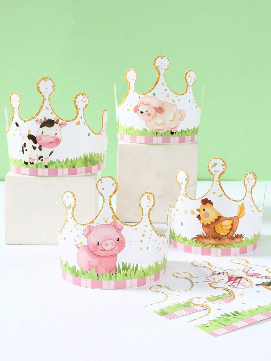 6pcs Farm Animal Style Party Hats, Paper Crown Shaped Party Hats, Farm ...