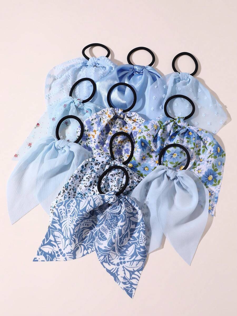 10pcs Women's Blue Floral Fabric Hair Scrunchies With Ribbons, Suitable ...