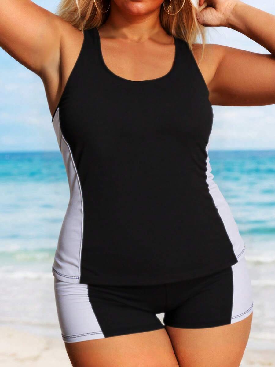 Women 2025 Plus Size Summer Beach Black And White Color Blocked Sports ...