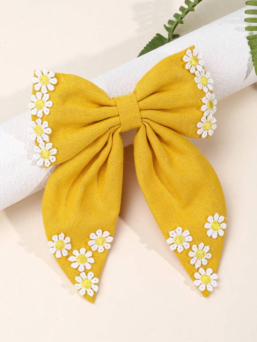 1pc Daisy Embroidered Hair Bow For Women Plain Swallow Tail Bow ...