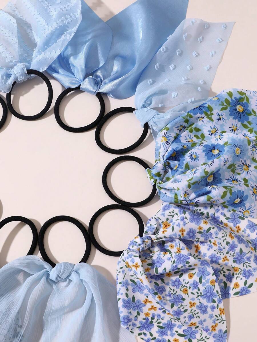 10pcs Women's Blue Floral Fabric Hair Tie With Ribbons, Suitable For ...