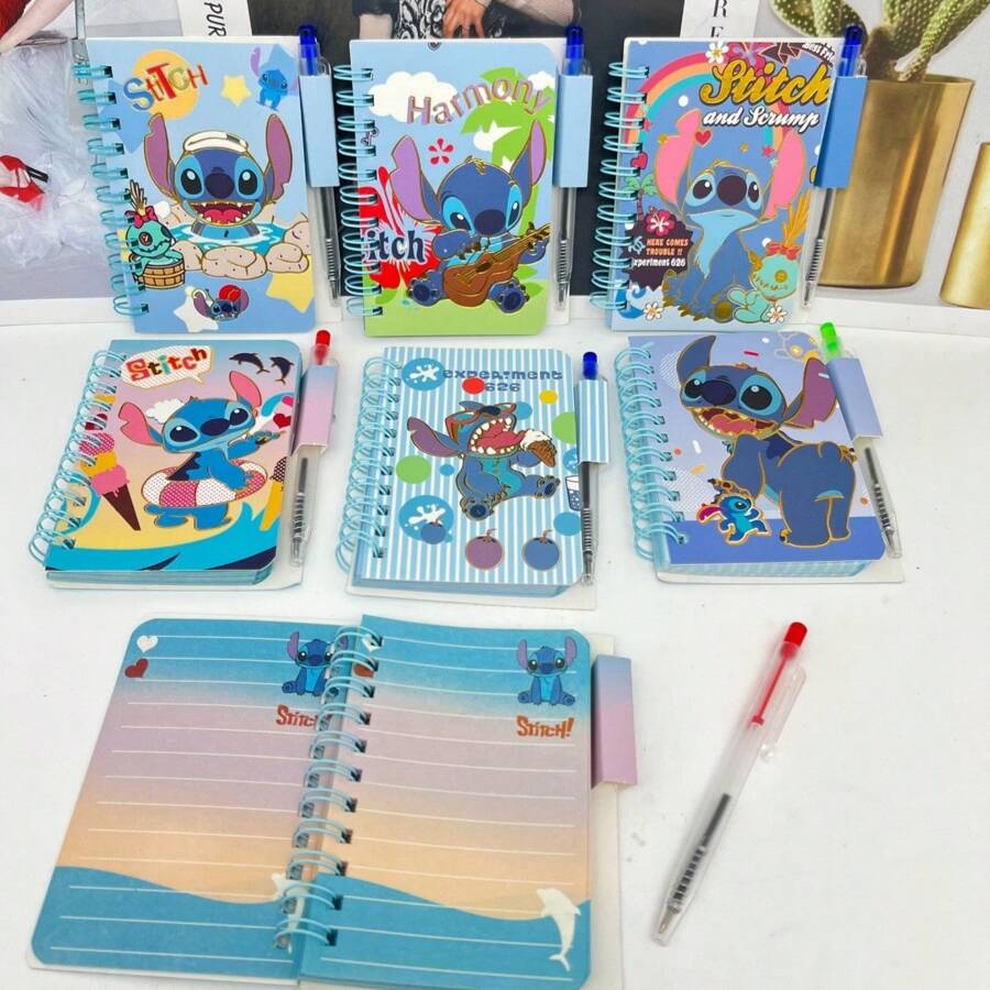 Disney Cartoon Stitch Spiral Notebook With Ball Pen, Blue Rabbit Mini ...