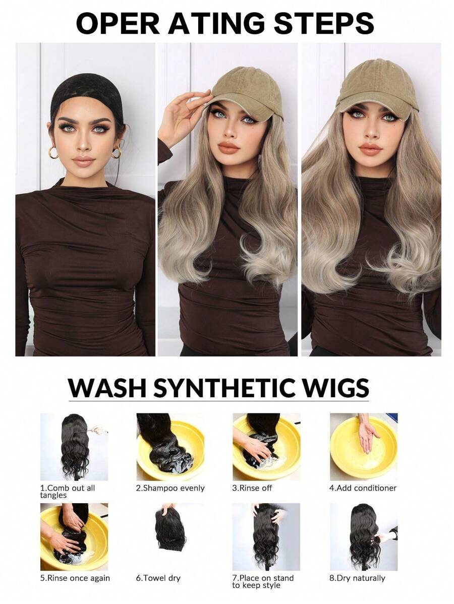Hat Wigs Cap With Hair Hat Wig Black Wavey Wig Synthetic Hair Women ...