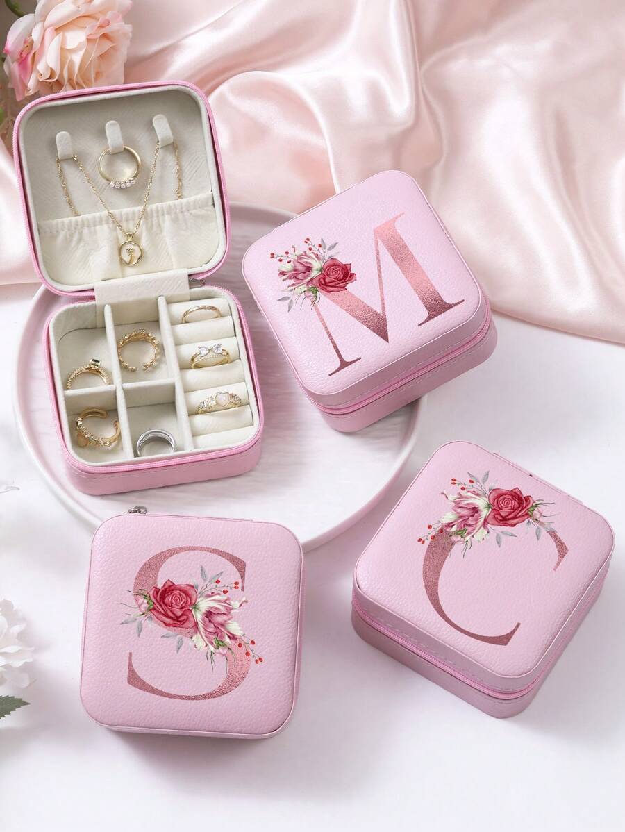 A-Z Pink Floral Alphabet Pattern Travel Jewelry Box, Portable Zipper Travel Jewelry Storage Box ...