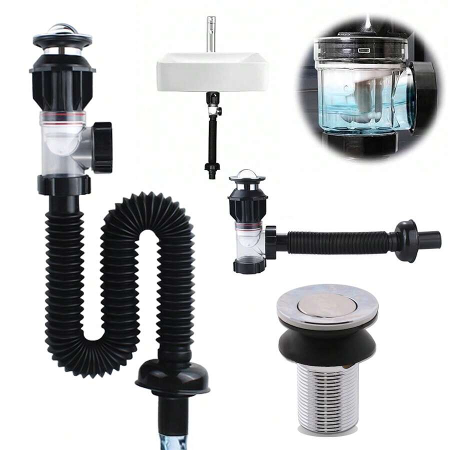 Bathroom Sink Drain Kit Flexible Odor-Resistant Drain Pipe Quick Siphon ...