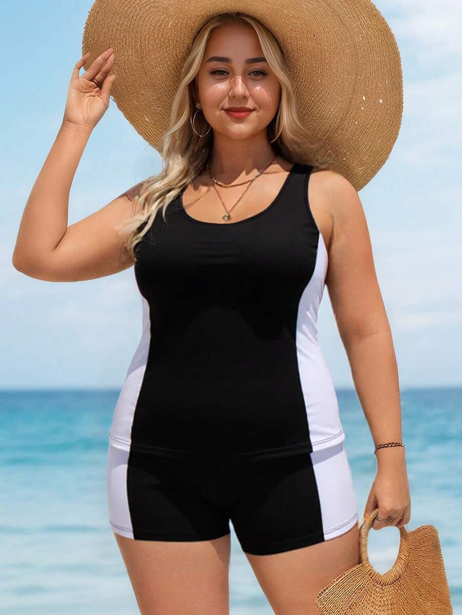 Women 2025 Plus Size Summer Beach Black And White Color Blocked Sports ...