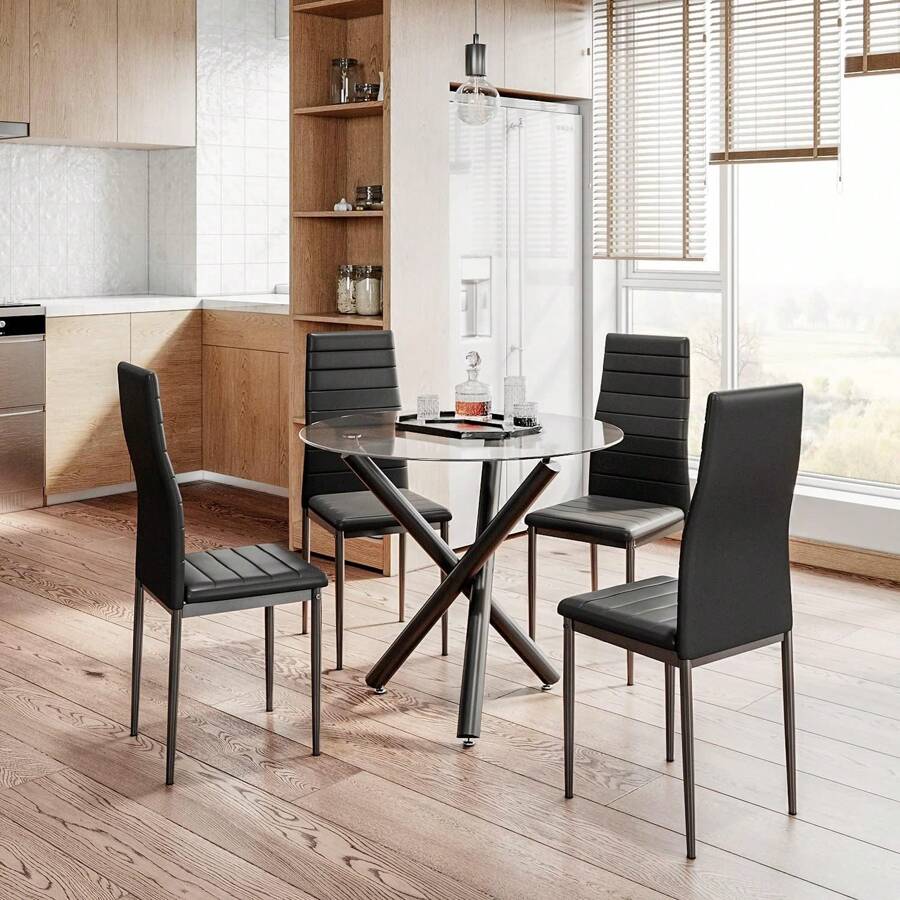 Dining Table And Chairs Set Of 4, High Back PU Leather Chair With Glass ...