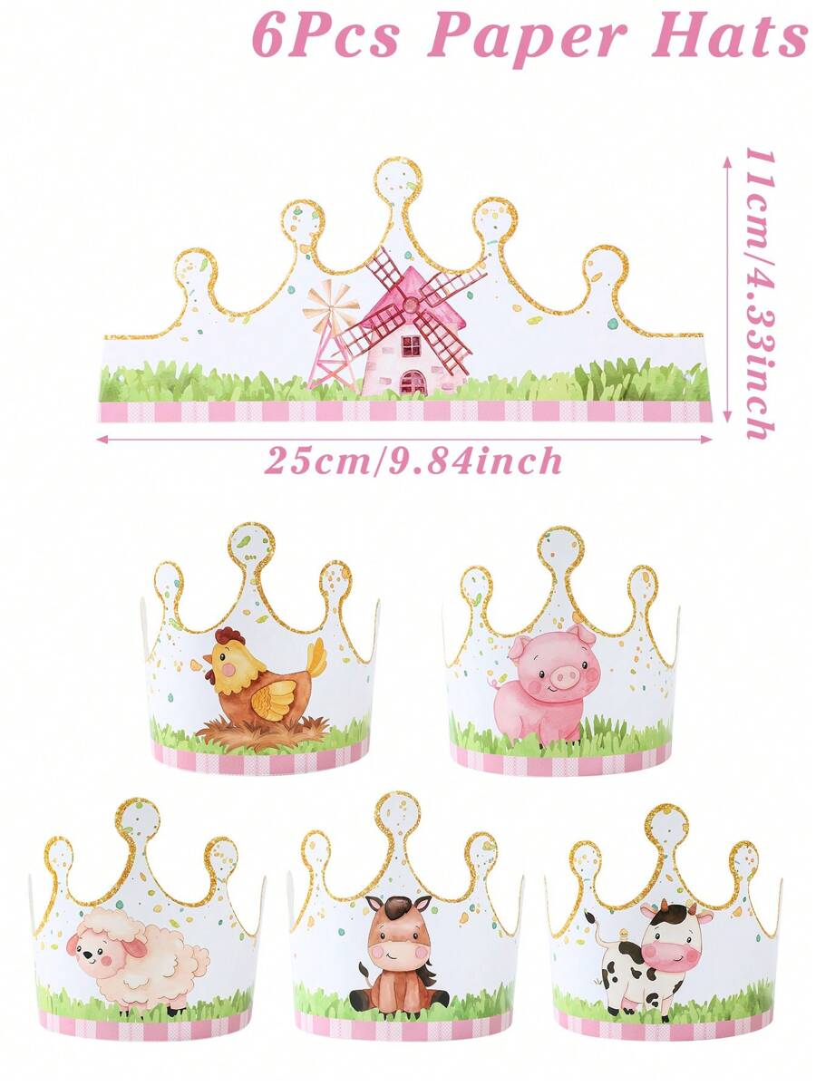 6pcs Farm Animal Style Party Hats, Paper Crown Shaped Party Hats, Farm ...