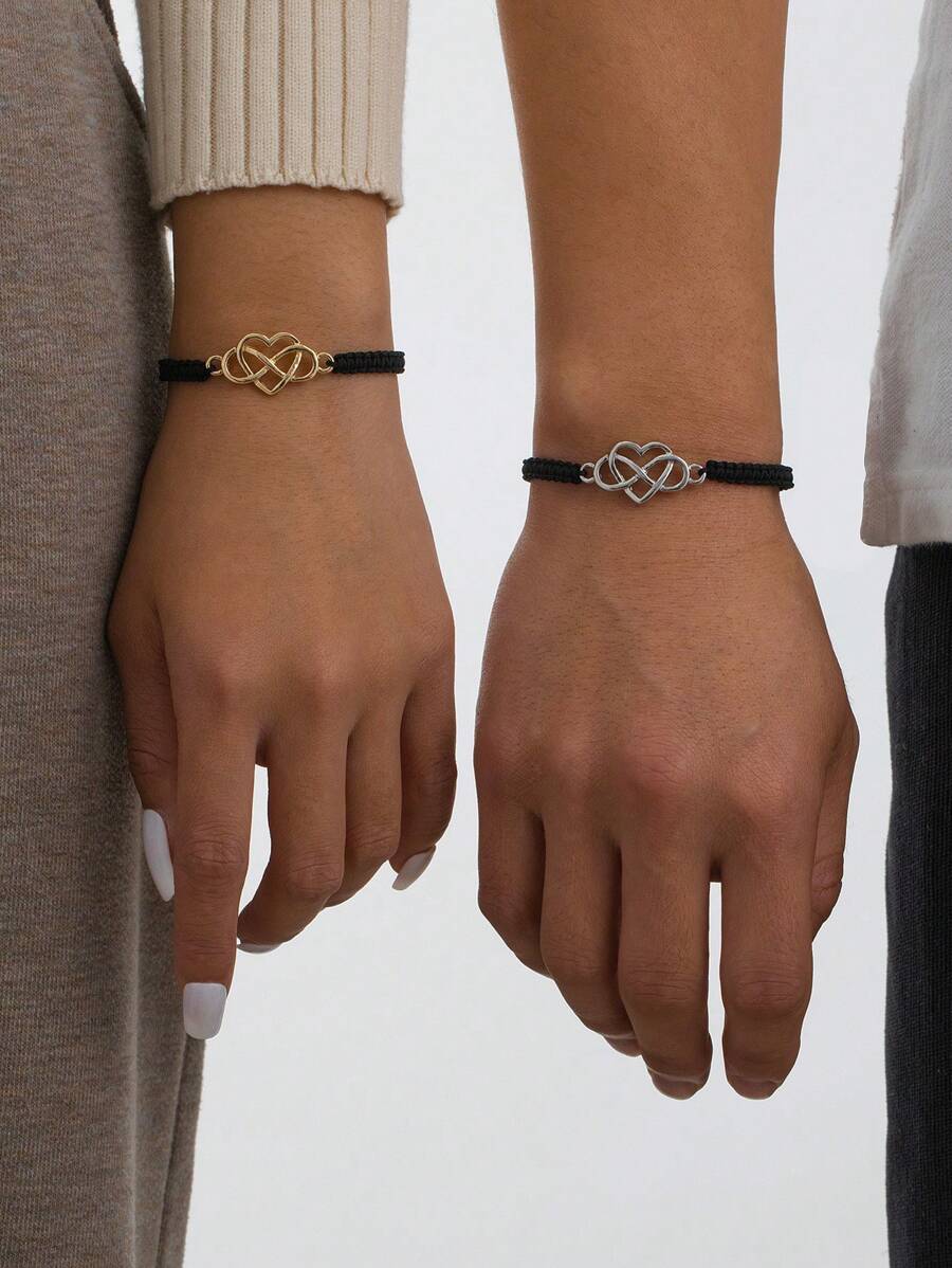 2pcs/Set Couple Black Rope Heart Shaped Adjustable Pull Cord Bracelets ...