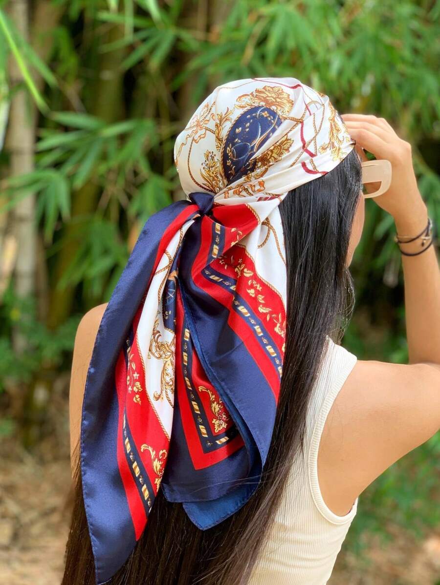 1 Piece Women Bandana Of Navy Blue Chain Printed Silk Scarf For Women ...