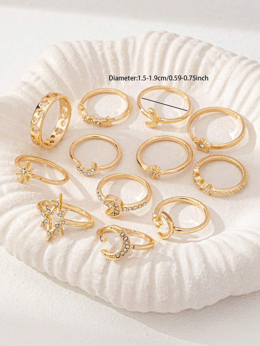 12 Pcs Luxurious Star Moon Rings Set For Women Stacked Rings Pack Hollow Design Star Ring Moon ...
