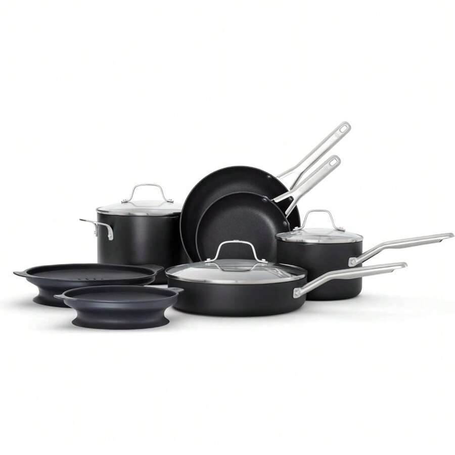 Calphalon 10-Piece Non-Stick Kitchen Cookware Set, Black Pots & Pans With Stay-Cool Stainless ...