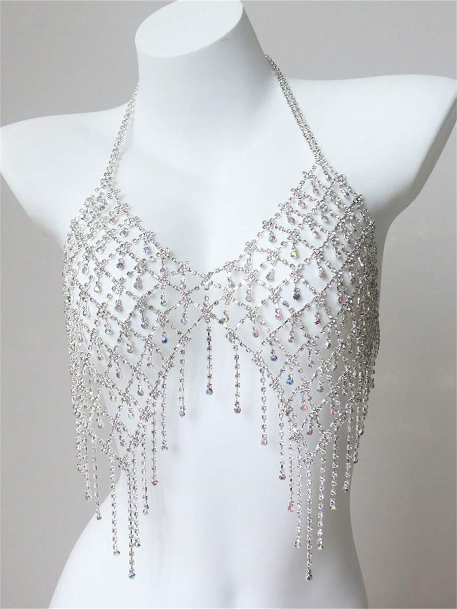 AB Color Plated Silver Rhinestone Mesh Chest Chain Necklace, Suitable ...