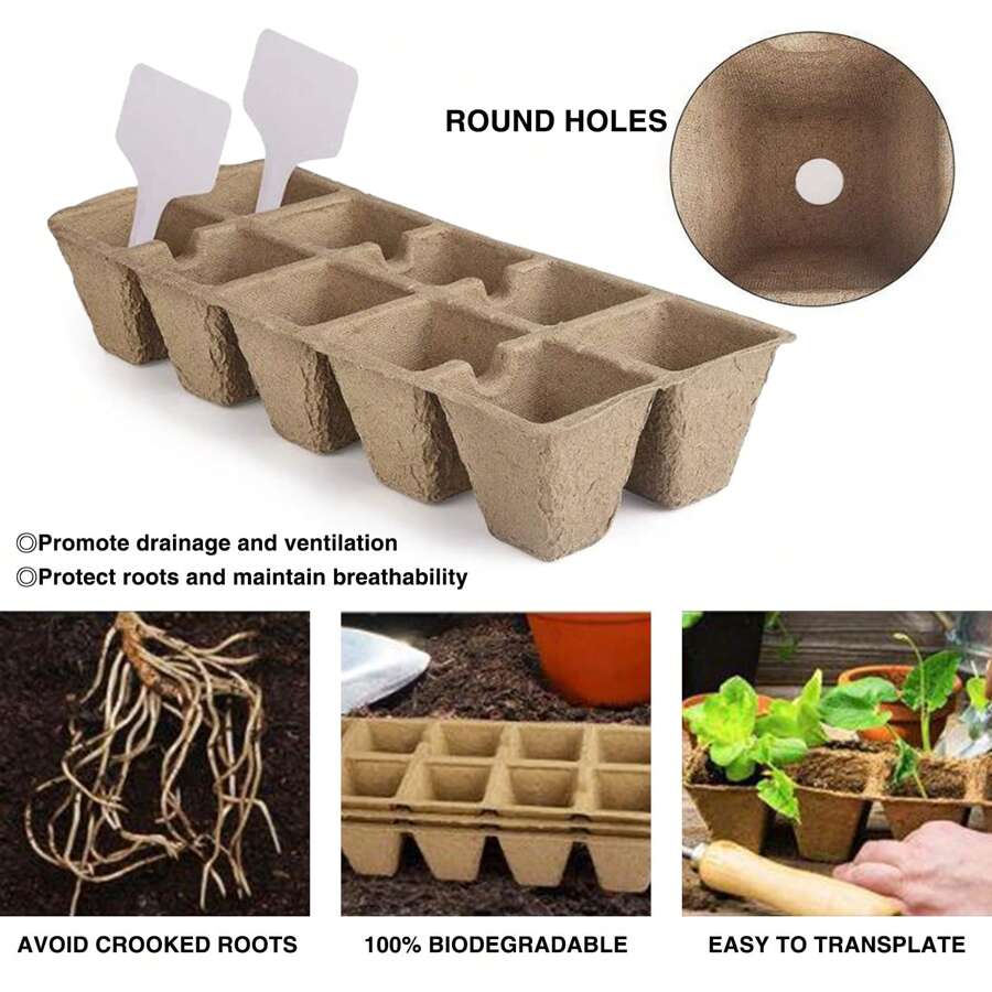 12 Packs 120 Cells Seed Starter Trays, Small Fibre Seed Pots, Round ...
