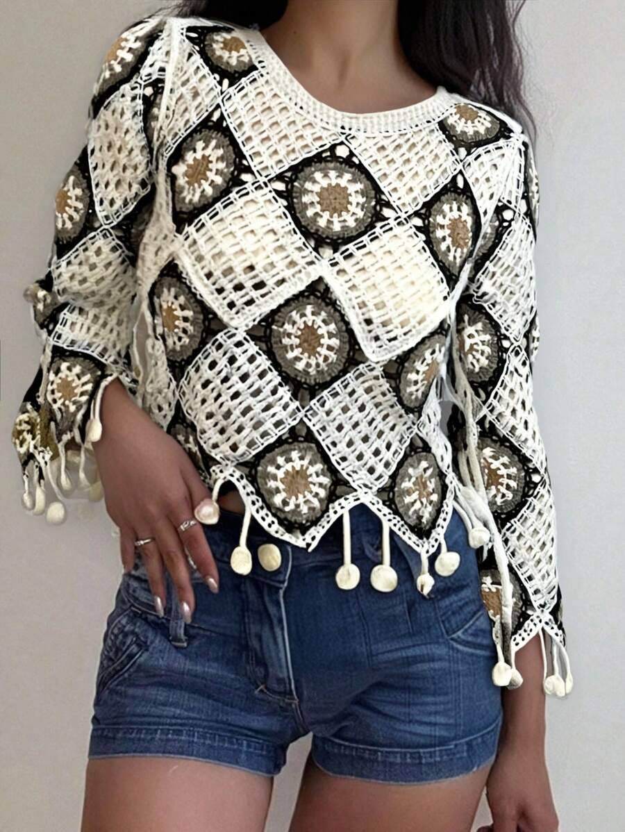 Women Holiday Casual Hollow Crochet Fringe Hem Sweater for Sale ... Women Holiday Casual Hollow Crochet Fringe Hem Sweater for Sale ...
