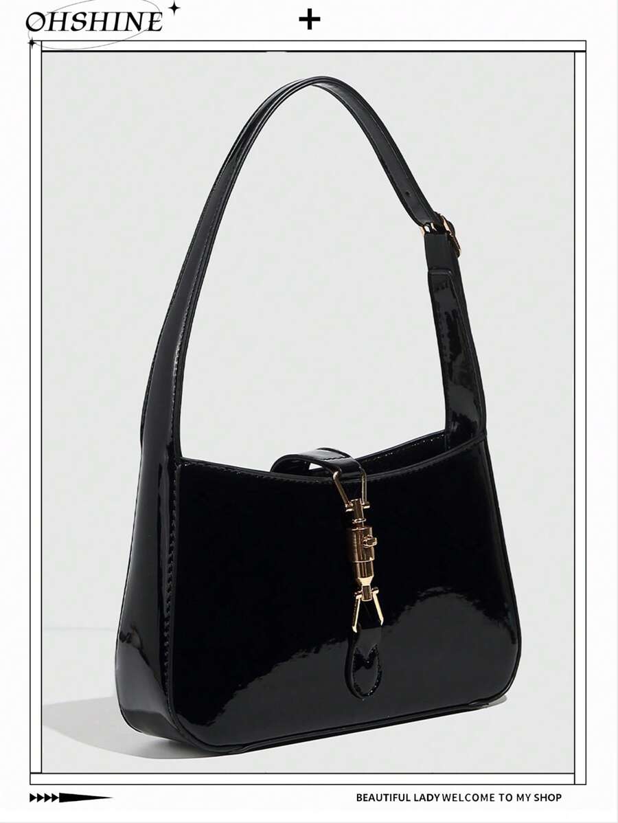 Burgundy Lacquered Leather Handbag, A Simple Lock Closure Square ...