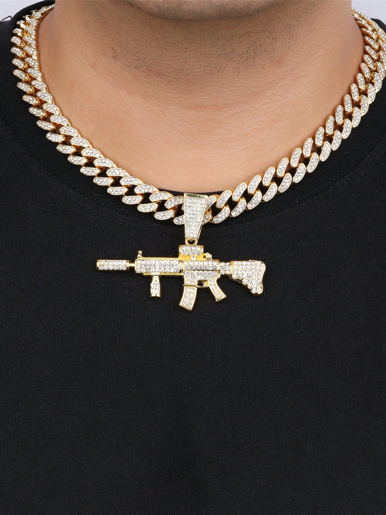 Unisex Hip-Hop Iced Out Glitter Gun Pendant Necklace, Miami Cuban Chain ...