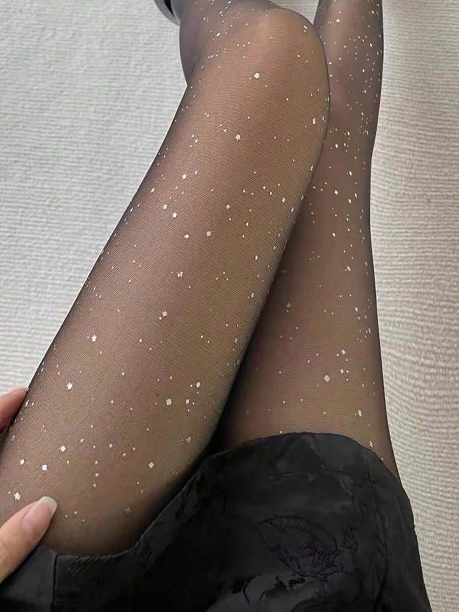 1pair Thin Sparkly Dots Cosmic Stars Pantyhose Pure Leg Beauty Black Silk Body Socks Sequin ...
