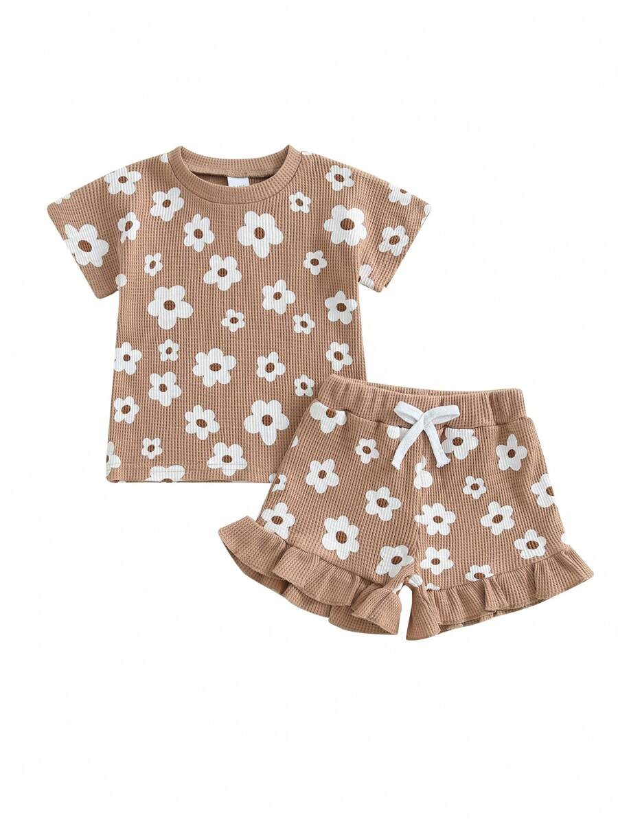 Toddler Girls Waffle Outfit Floral Print Short Sleeve T-Shirt And ...