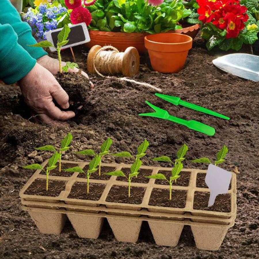 12 Packs 120 Cells Seed Starter Trays, Small Fibre Seed Pots, Round ...