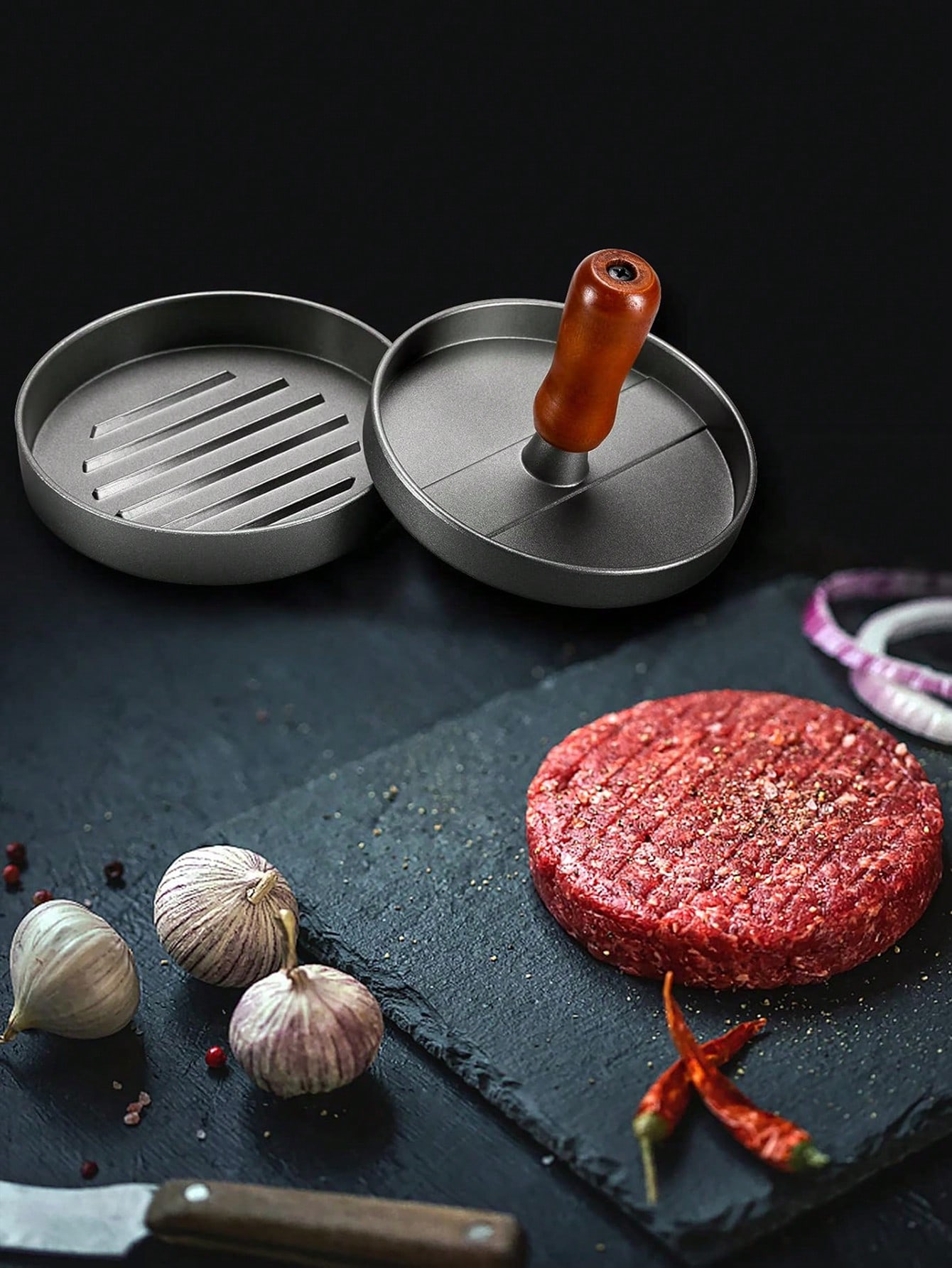 Hamburger Meat Press, Stainless Steel Hamburger Pie Press Mold, Wooden ...