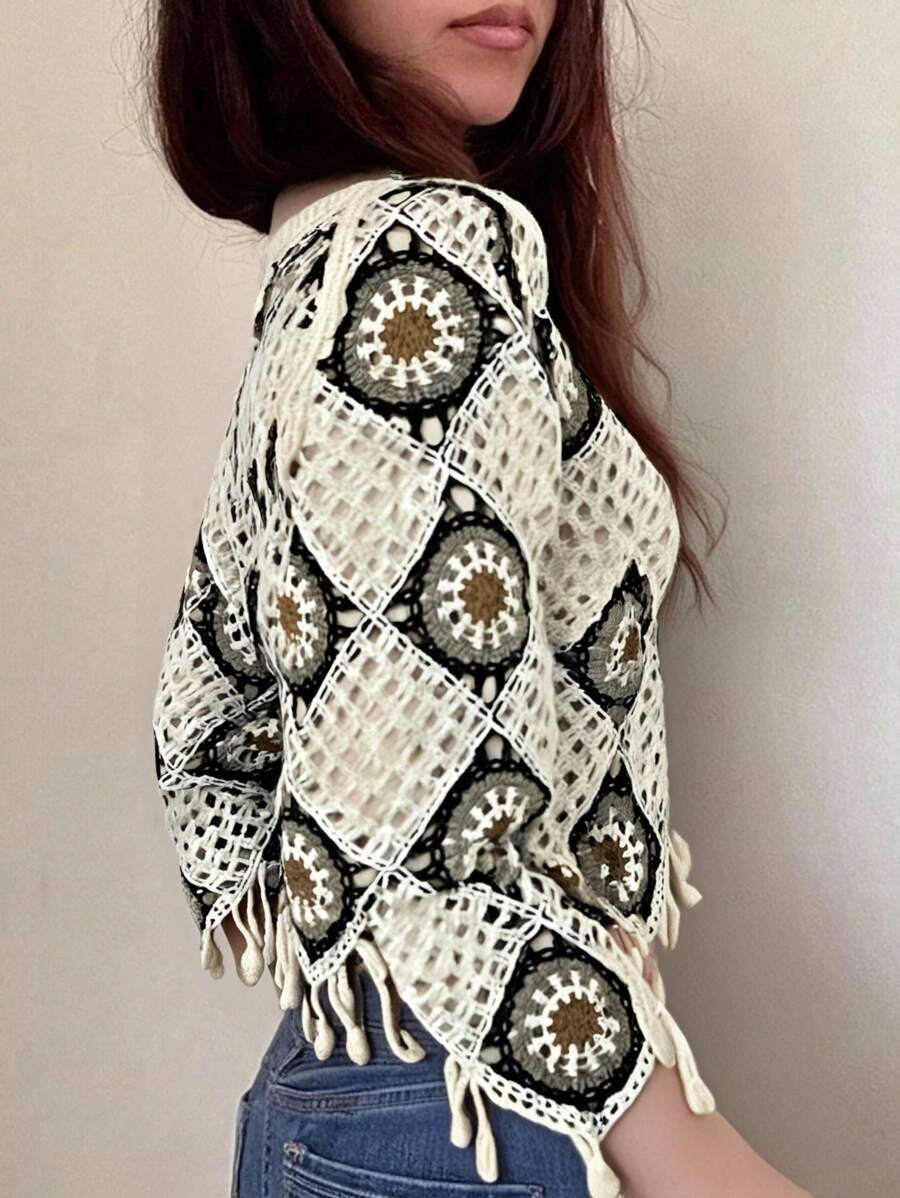 Women Holiday Casual Hollow Crochet Fringe Hem Sweater for Sale ... Women Holiday Casual Hollow Crochet Fringe Hem Sweater for Sale ...