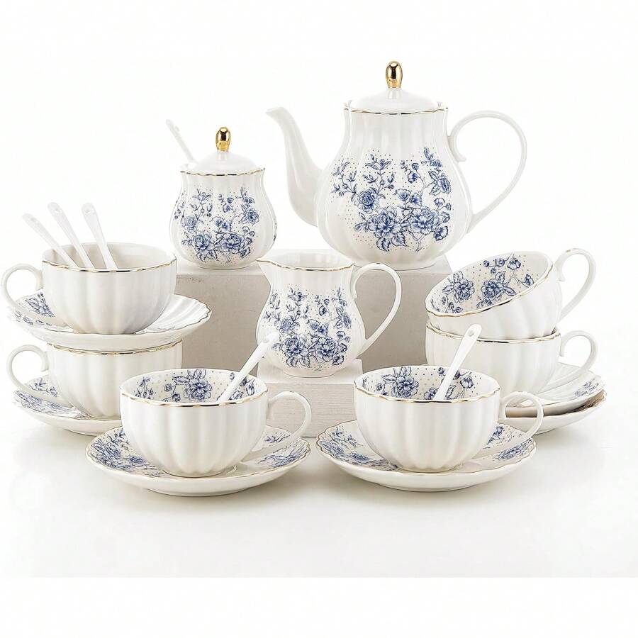 Bloosnow 22 Pieces Blue Rose Porcelain Tea Sets For Adult,Gold British ...