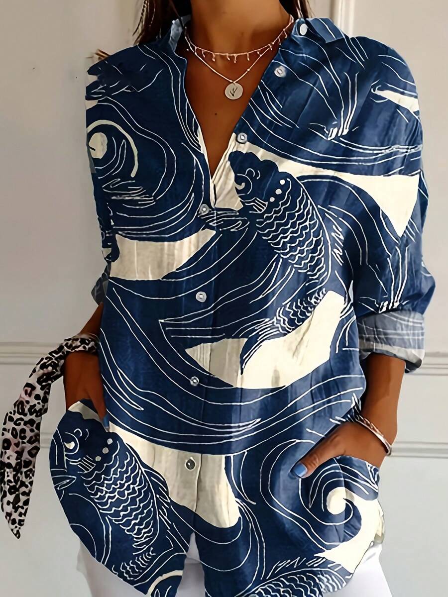 Spring/Summer Ladies Fashion Koi Fish Print Button Down Shirt - Opaque ...