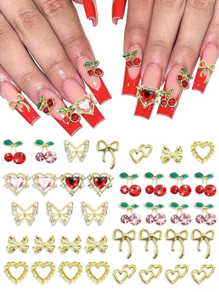 38Pcs 3D Cherry Nail Charms 3D Nail Bows Charms Pink Heart Nail ...