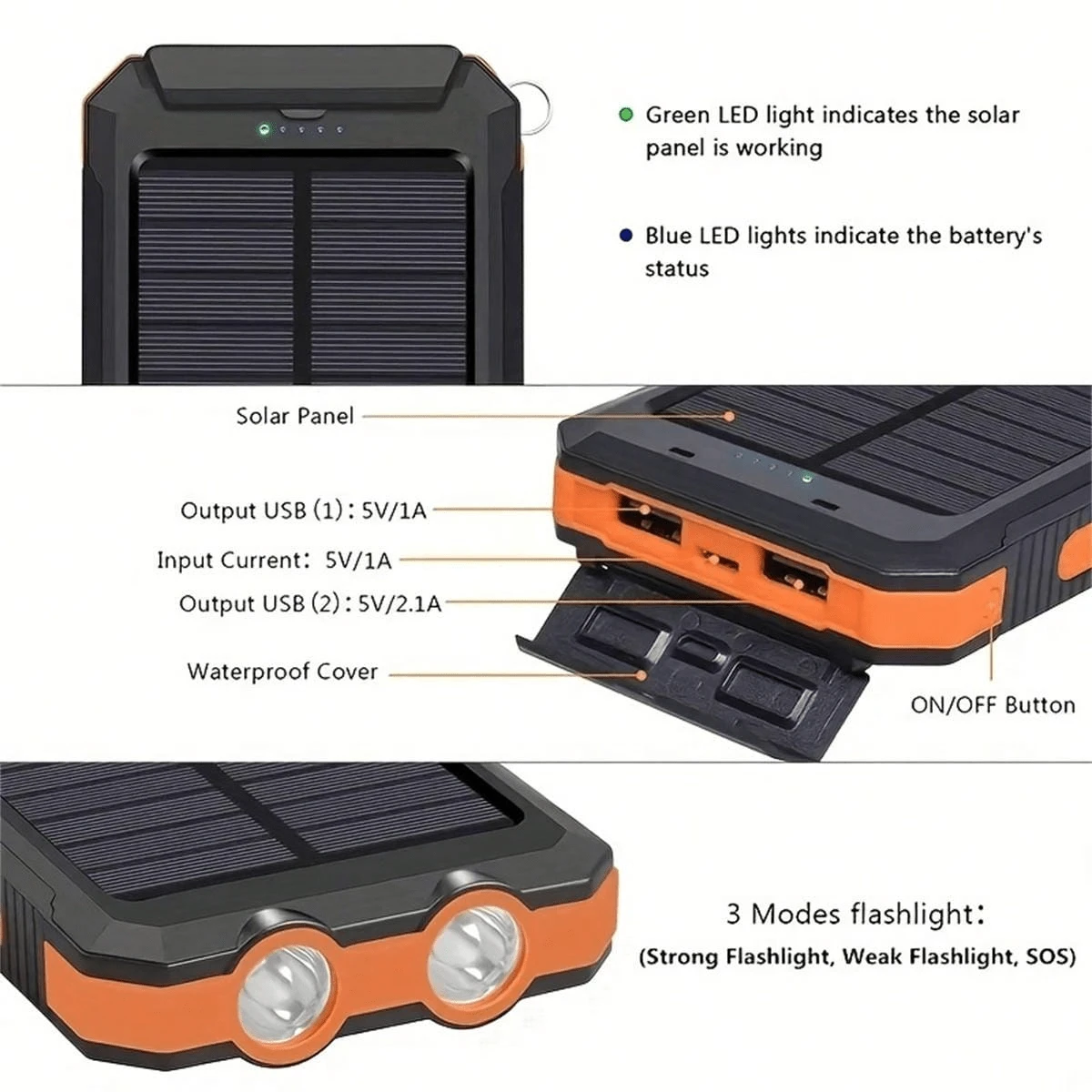 20000mAh Portable Power Bank - Solar Charger, Flashlight, Compass, USB ...