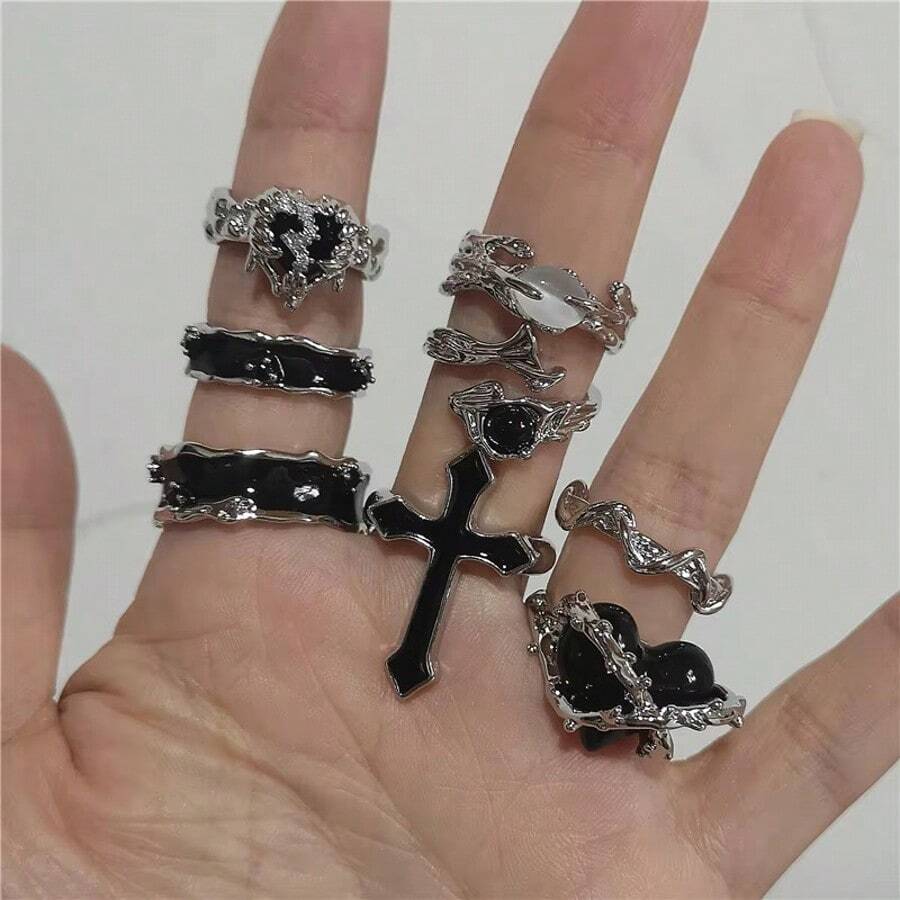 1-8pcs Punk Harajuku Goth Thorns Black Silver Color Irregular Heart Cross Open Ring For Women ...